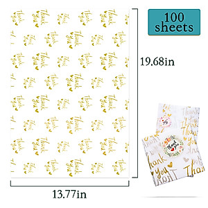 MR FIVE 100 Sheets White with Metallic Gold Thank You Tissue Paper Bulk,20" x 14",Gold Thank You Tissue Paper for Packaging,Gift Bags,Metallic Gold Tissue Paper for Graduation,Birthday,Thanksgiving