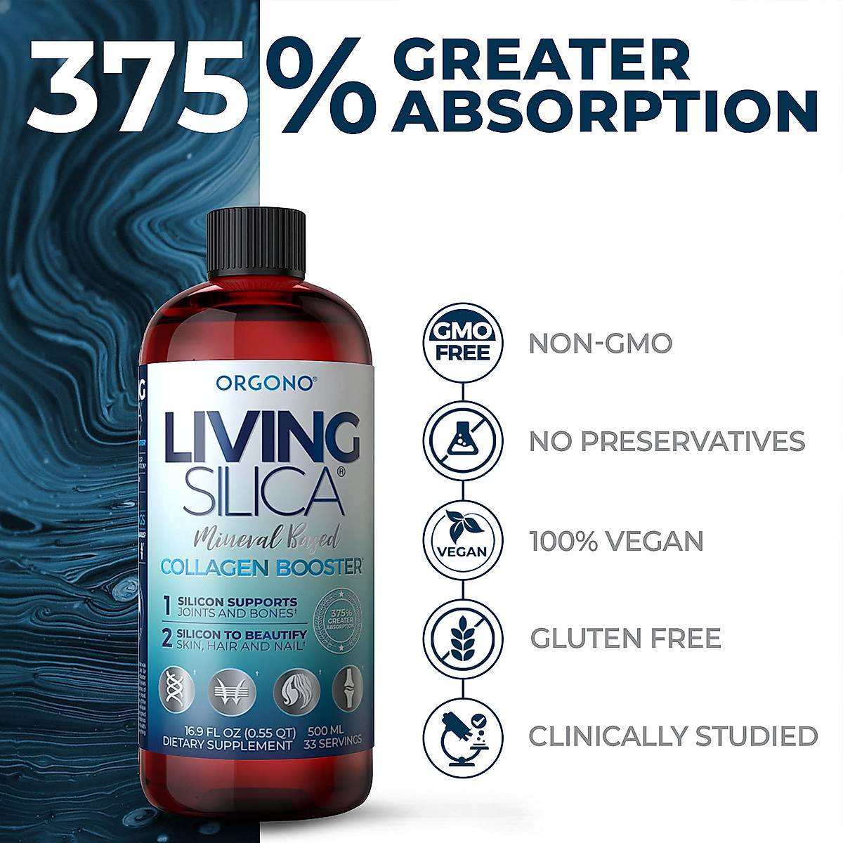 Living Silica Collagen Booster Liquid | Vegan Collagen Boosting Drink | Supports Healthy Collagen and Elastin Production for Joint & Bone Support, Glowing Skin, Strong Hair & Nails. 16.9 oz
