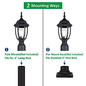 LIT-PaTH Outdoor Post Lighting Fixture Pole Lantern, E26 Medium Base Max 60W, Aluminum Housing Plus Glass, Matte Black Finish, 1-Pack