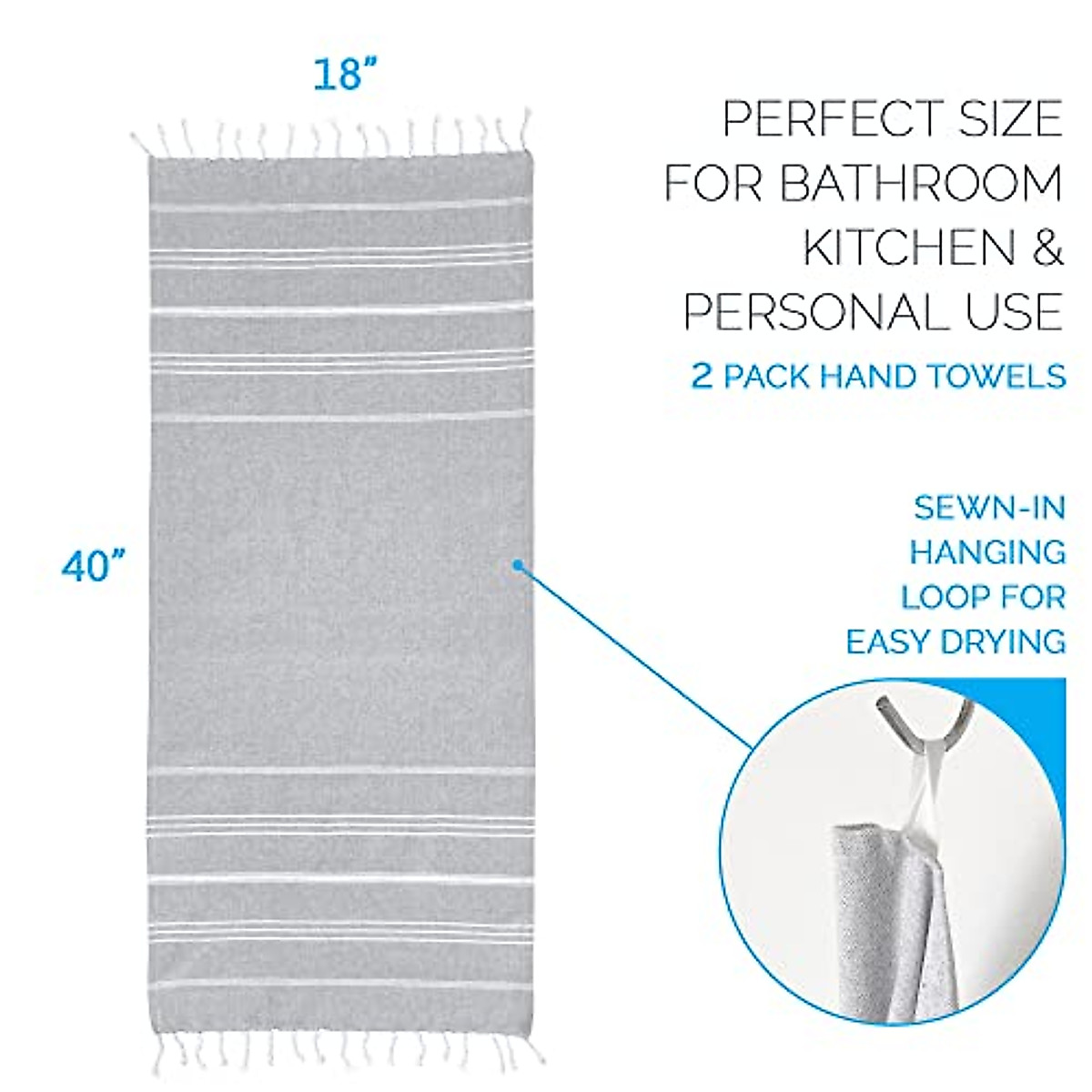 Blutao River Set of 2 Turkish Hand Towels for Bathroom & Kitchen - Decorative Turkish Hand Towel - Farmhouse Hand Towels Bathroom - 18x40 Bathroom Hand Towels Decorative Set - Light Gray