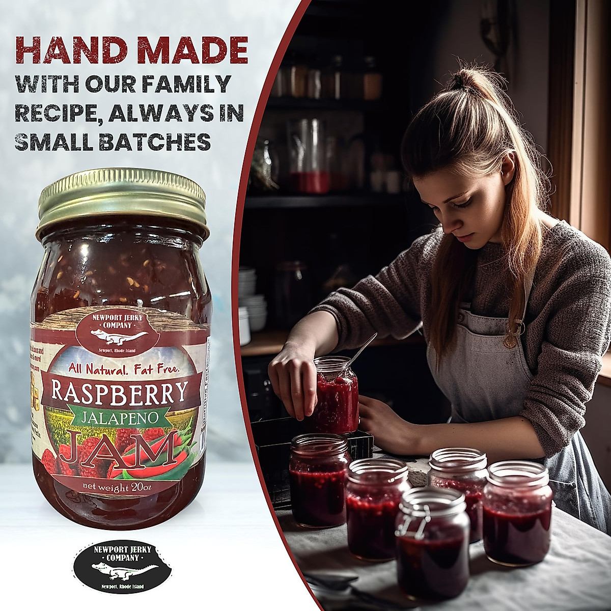 Newport Jerky Company All Natural Gourmet Raspberry Jalapeno Jam | Classic Spread for Burgers, Sandwiches, Toast, Cream Cheese, Charcuterie | Made in the USA! | Large Re-Usable 20 oz Glass Jar | FAT FREE, GLUTEN FREE & ALL NATURAL