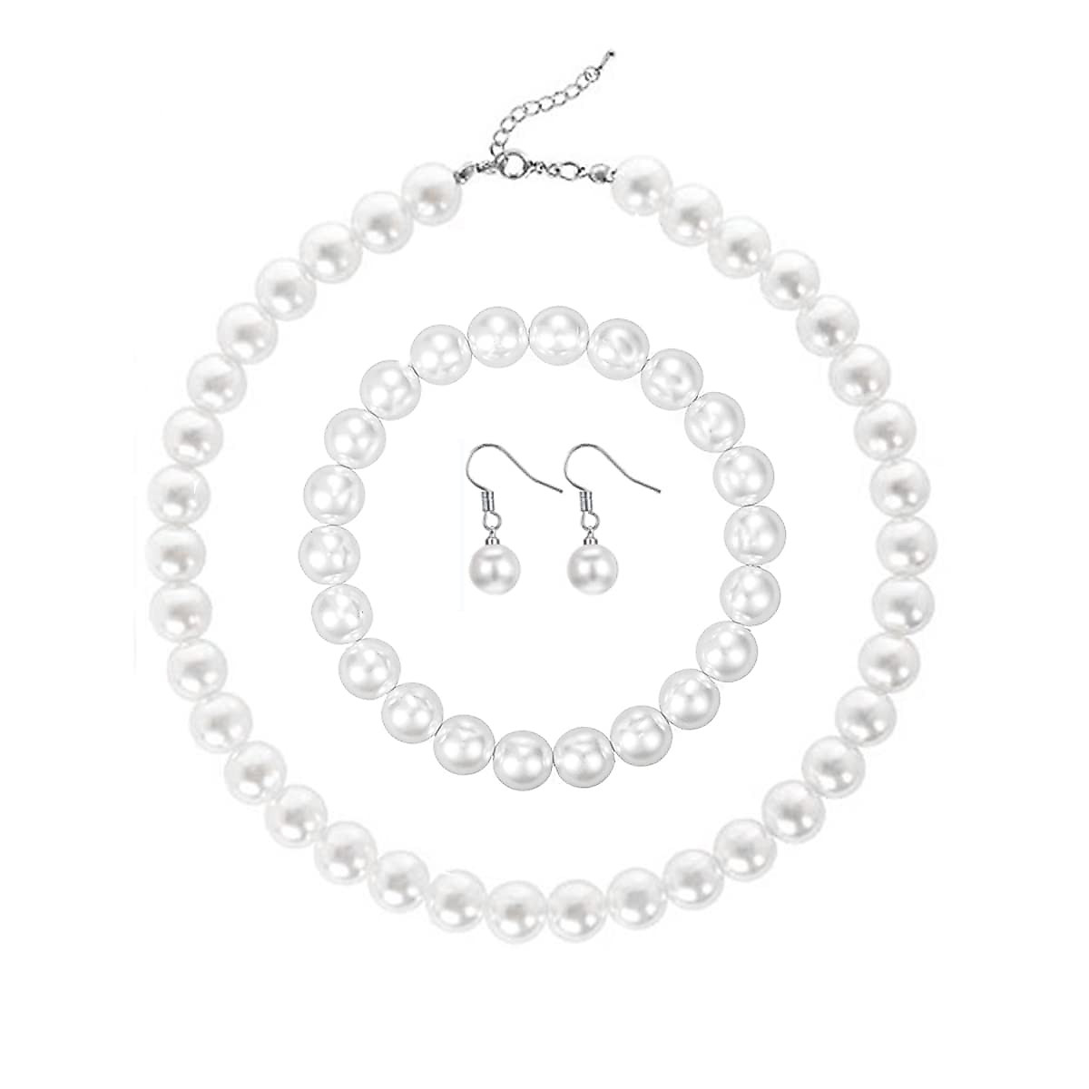 GRAZIOSO Faux Pearl Necklace Set for Women Girls, 8mm Pearl Earrings Bracelet 3 pcs Pearl Jewelry, Birthday Christmas Gift for Brides Mom Wife Sister Best Friend, Gift Box (B)