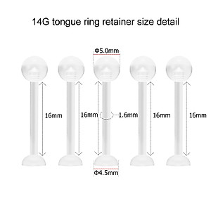 NewkeepsR 5pcs-14G(1.6mm) Thickness, 16mm(5/8'') Length, Bioplast Flexible Clear Tongue Ring Plastic Retainer, Unnoticeable Flat Labret Spacers