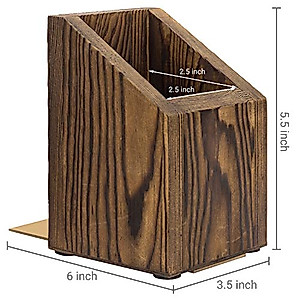 MyGift Rustic Brown Solid Wood Decorative Bookends, Office Desk Book Stand with Stationery Holder and Pencil Cup, 1-Pair