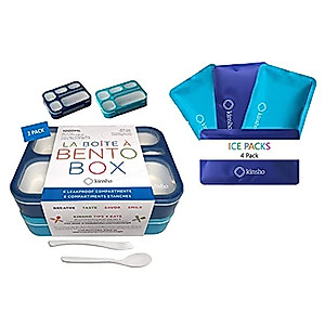 kinsho Bento Box Lunch Boxes and Matching Ice Packs (Blue)