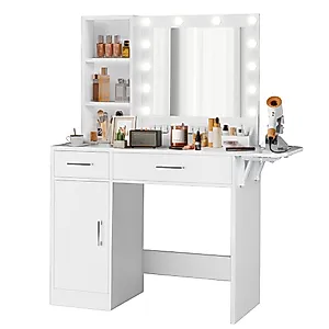 FITSCROPR Vanity Desk with Drawers & Mirror with Lights, with Drawers & Cabinet 3 Shelves Lots Storage for Stylish Bedroom,White