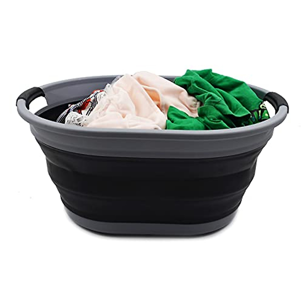 SAMMART 28L (7.4 gallon) Collapsible Plastic Laundry Basket-Oval Tub/Basket - Portable Washing Tub-Space Saving Laundry Hamper, Water capacity: 22L (5.8 gallon) (1, Dark Grey/Black)
