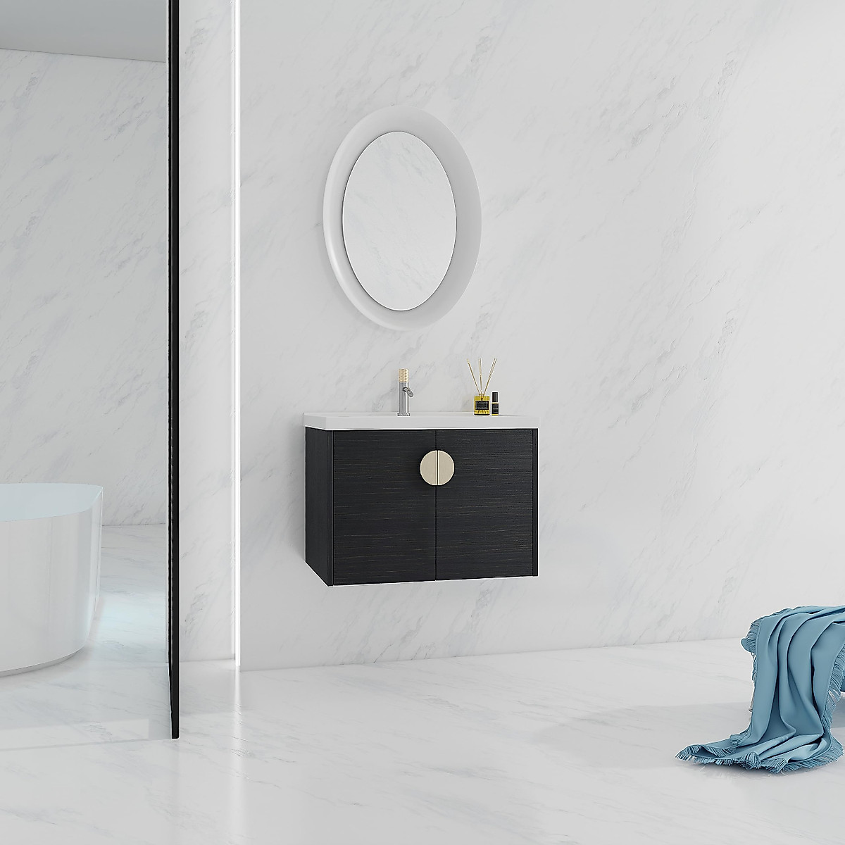 28-Inch Wall Mounted Bathroom Vanity with Sink Combo Modern Single Bathroom Vanity Set with Top Ceramic Basin & Storage Cabinet Wood Hanging Bath Cabinet w/Resin Sink for Bathroom (Black-28 Inch)