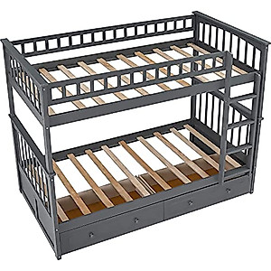 STP-Y Bunk Beds Full Over Full with Drawers, Solid Wood Full Bunk Beds with Ladder for Boys Girls Teens Adults, Gray (Color : Twin Gray)