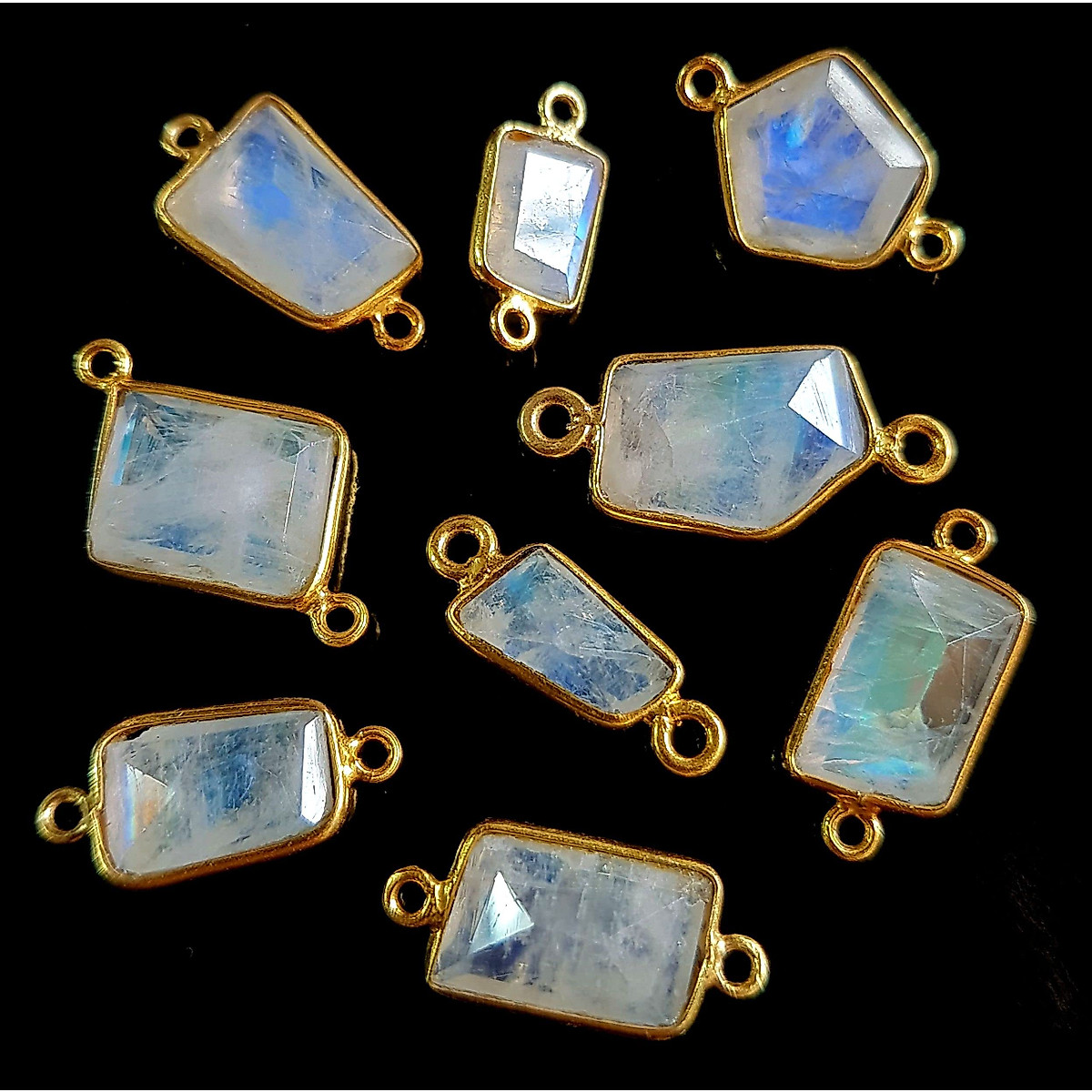 4 Piece Natural White Rainbow Moonstone Connector, Gold Plated Pendant Connector Rainbow Double Looped 8x14 to 8x16 MM Size [CQB 205]