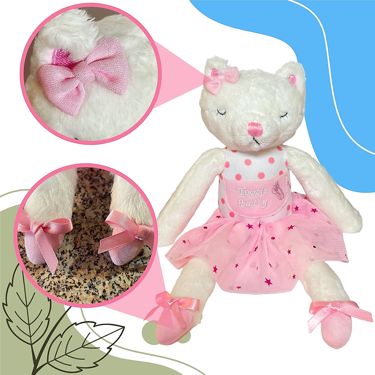 elskandi Caterina The Cat Ballerina Tooth Fairy Pillow for Girls, Perfect First Loose Tooth Gift, Tooth Fairy Doll for Girls Tooth Fairy Pillow with Pocket, Celebrate Milestones