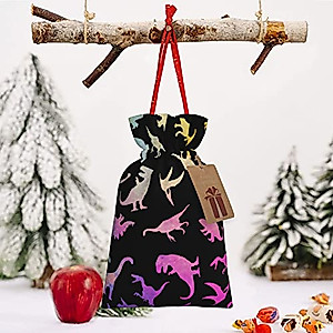 Drawstrings Christmas Gift Bags Fun-Dinosaur-Rainbow Presents Wrapping Bags Xmas Gift Wrapping Sacks Pouches Medium