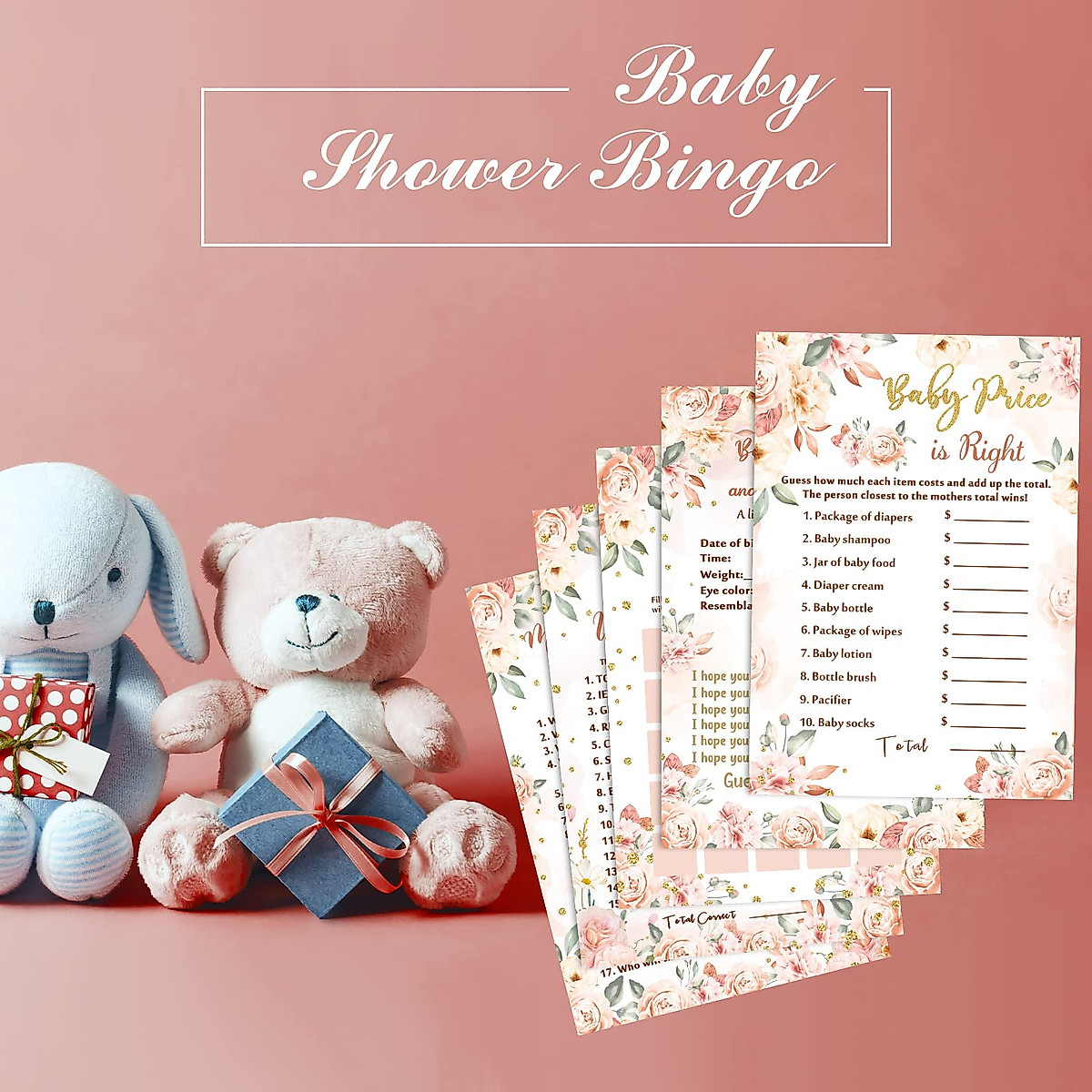 125 Pcs Floral Baby Shower Games for Girls Set of 5 Baby Shower Game Activities Floral Cards with 20 Pencils Includes Baby Bingo Guess Who Baby Price Is Right Description Word Scramble Game