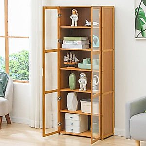 Magshion Bamboo 6-Tier Shelf Living Room Storage Tall Bookcase Cabinet with Clear Doors, Brown 23.5" L x 11.9" W x 59.1" H Home Office Multipurpose Tower Media Organizer Bookshelf