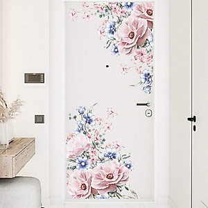 Floral Peonies Wall Stickers, Pink Blue Peony Rose Bouquet Flowers Removable Peel and Stick Wall Decal, DIY Art Vintage Blossom Flowers Wallpaper for Wedding Living Room Girls Room