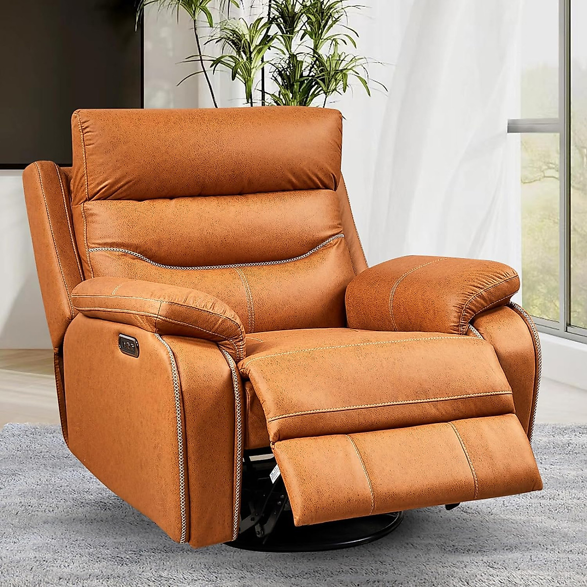 HLTIHOME Electric Dual Okin Motor Rocking and 240 Degree Swivel Single Sofa Seat Recliner Chair Infinite Position,Head Rest with Power Function, XL, Brown