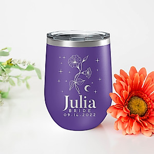 UNITED CRAFT SUPPLIES Personalized Bridesmaid Wine Tumbler W/Name & Title, Bridesmaid Gifts, 10 Colors 12 Birth Flower, Engraved Stemless Wine Tumbler W/Lid, Bridesmaid Proposal Gifts