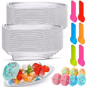 Clear Plastic 8 oz Banana Split Boat Bowls Set Disposable Reusable Banana Split Plate Include Ice Cream Sundae Splits Bowl Paper Umbrellas and Spoons for Parties Serving Sauces Candy Salad (50 Set)