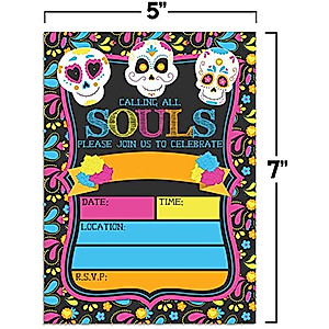 Sugar Skull Day Of The Dead, Dia De Los Muertos, Colorful Halloween Birthday Party Invitations, 20 5x7 Fill In Cards with Twenty White Envelopes by AmandaCreation