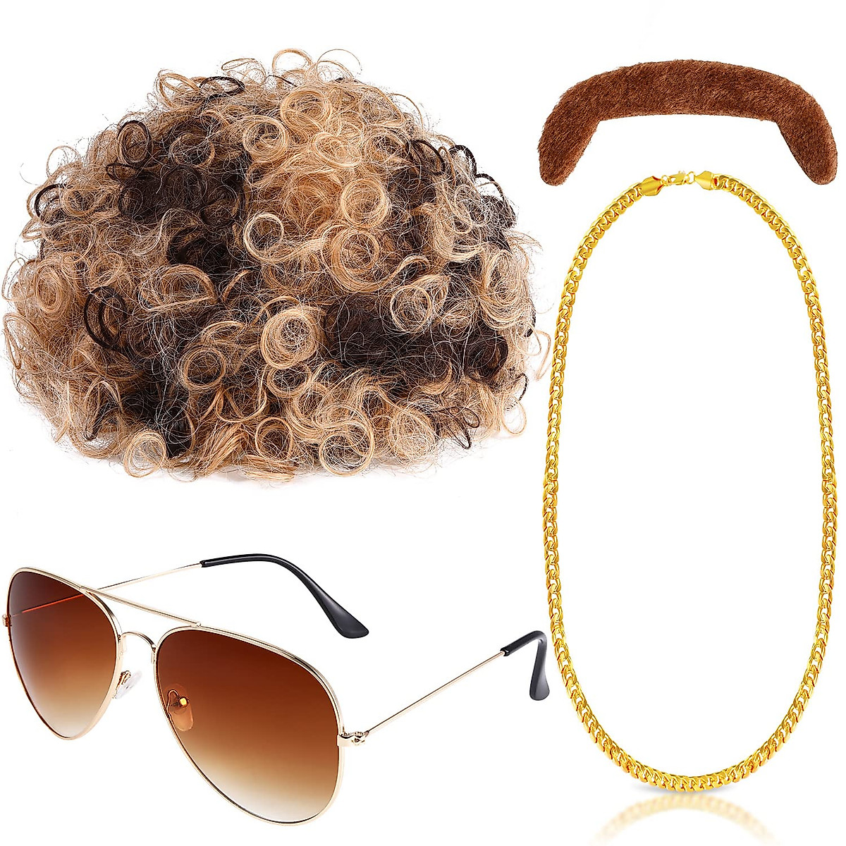 Frienda 4 Pcs 70s 80s Disco Wig Costume Set,Includes Disco Hippie Short Curly Wig,Disco Sunglasses,Moustache and Faux Gold Chain Necklace Afro Brown Wig for Disco Men Women Party