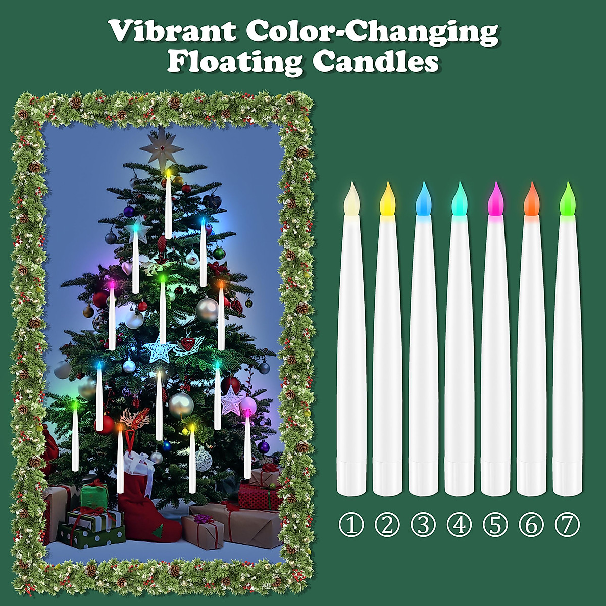 Color Changing Floating Candles with Magic Wand Remote, Christmas Decorations Magical Hanging Candles, 12Pcs Flameless Taper Candle with Multi-Color Battery Operated Window Candles for Christmas Decor