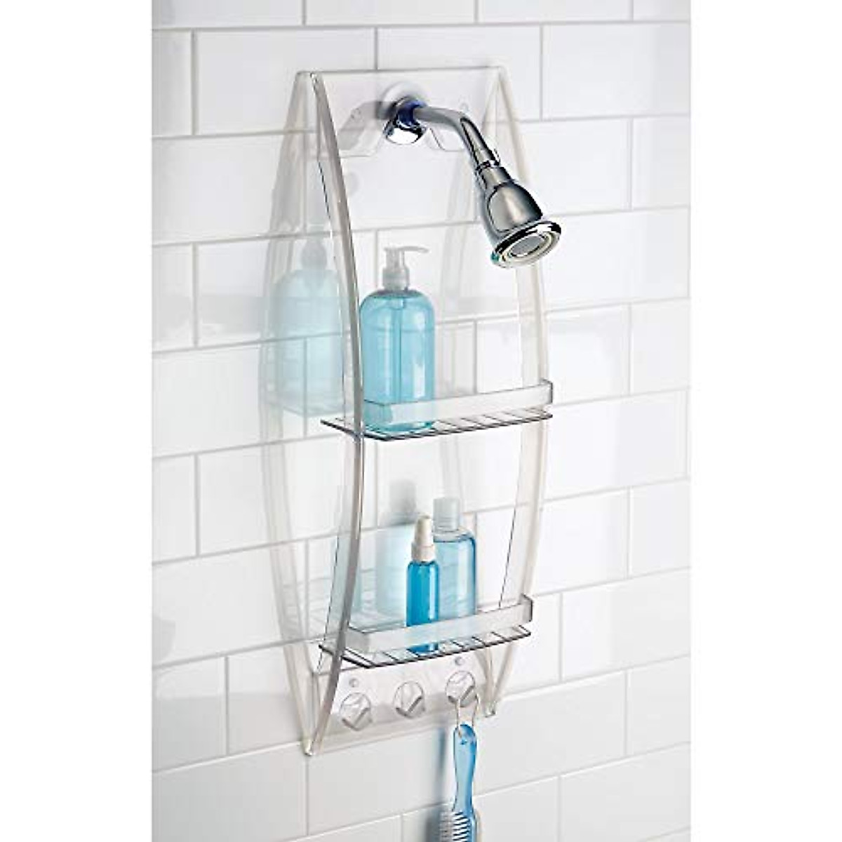 iDesign Plastic Grand Arc Bathroom Suction Shower Caddy for Shampoo, Conditioner, and Soap with Hooks for Razors, Towels, Loofahs, 4.1" x 9" x 28.7", Clear