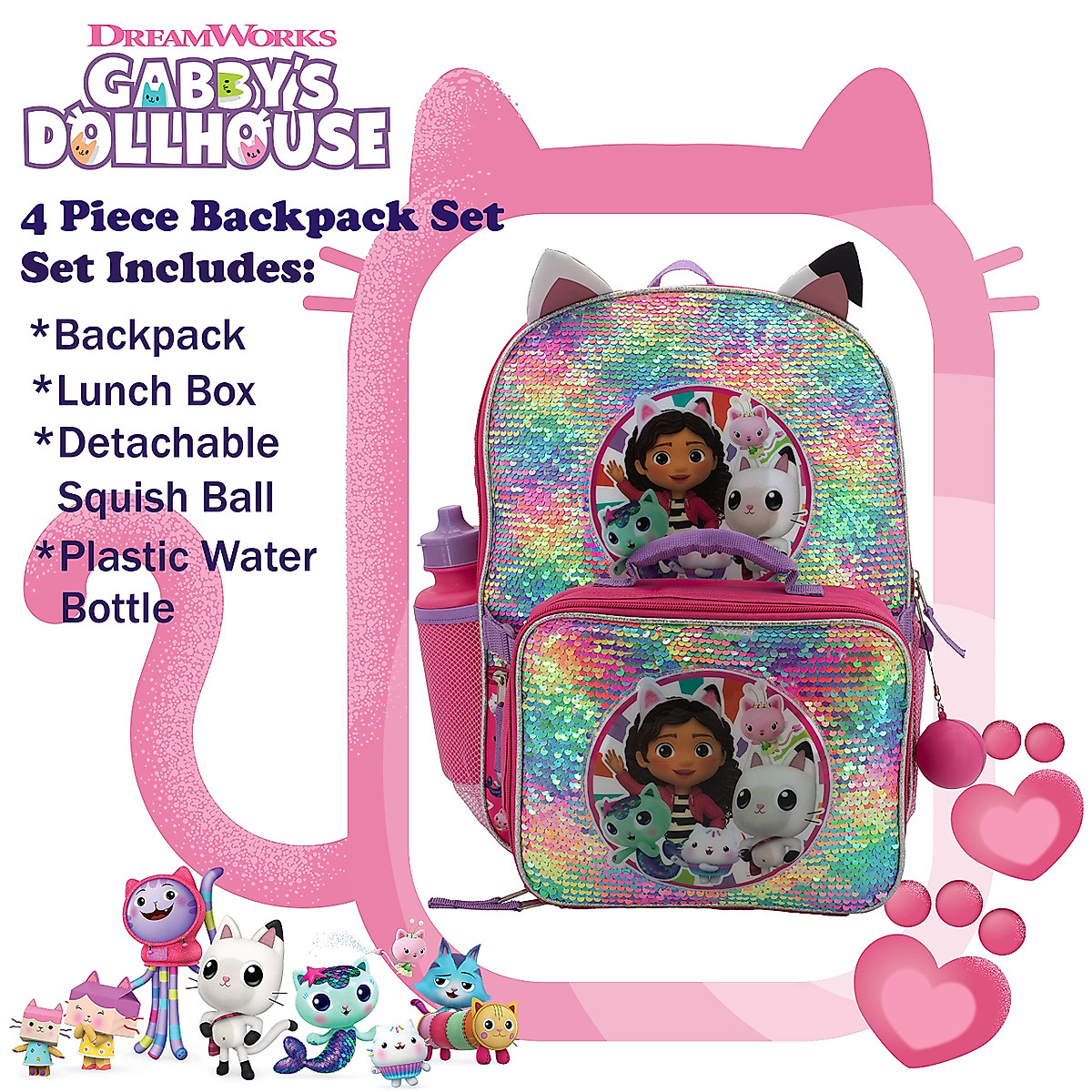AI ACCESSORY INNOVATIONS Gabby’s Doll House 4 Piece Backpack Set, Flip Sequin 16" School Bag for Girls with Front Zip Pocket, Pink