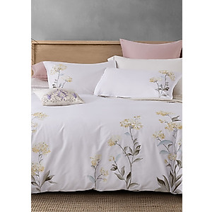 Melange Home Cotton Floral Embroidery Duvet Set, King, Blue Stitching on White