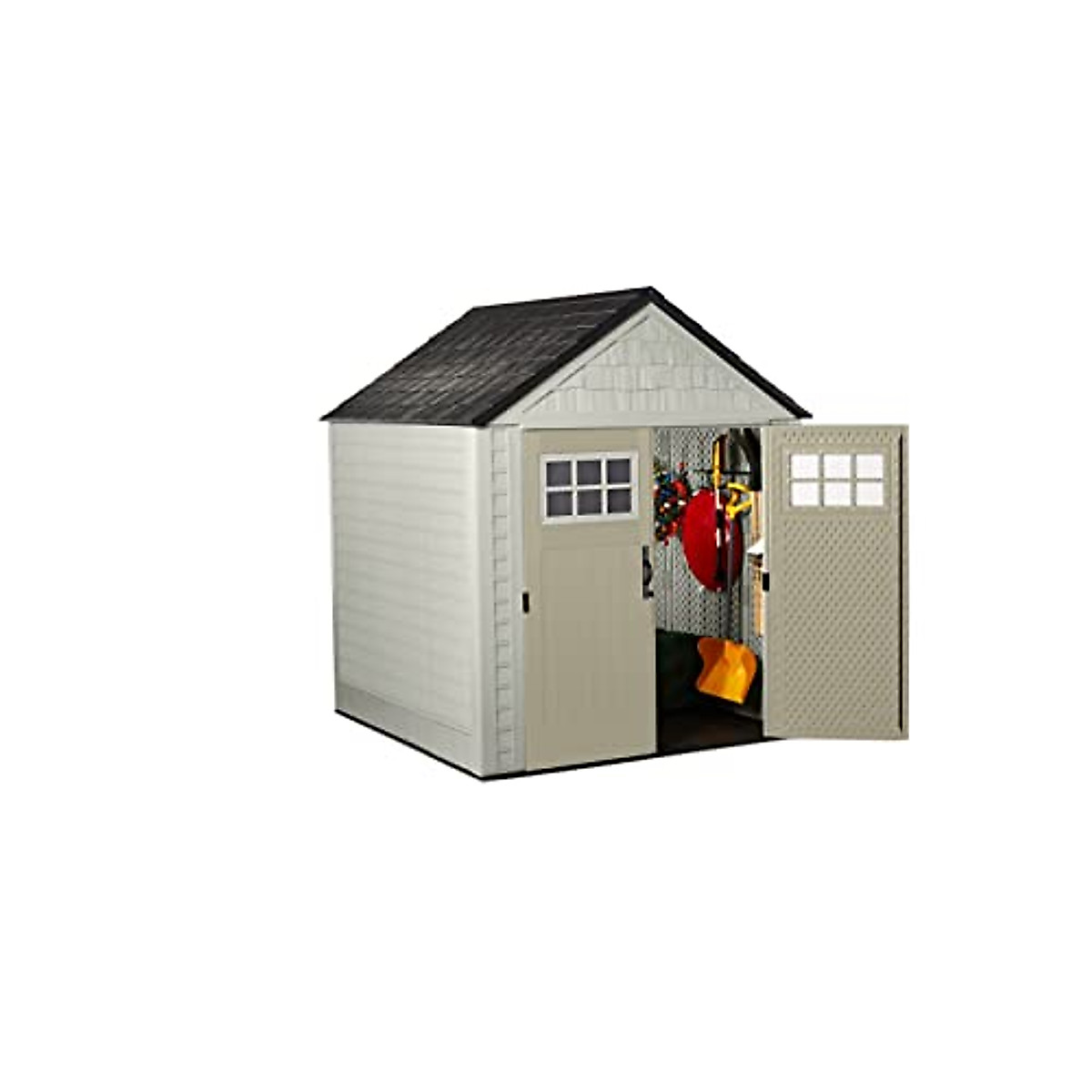 Rubbermaid Resin Weather Resistant Outdoor Storage Shed, 7 x 7 ft. , Faint Maple/Onyx/Sandstone, for Garden/Backyard/Home/Pool