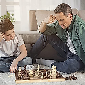 ropoda Magnetic Chess Set, 15" Folding Wooden Chess Board with Foam Storage Slots, Unique Chess Set for Kids and Adults, Portable and Foldable Wooden Board Game & Checkers Game, Including Extra Queens