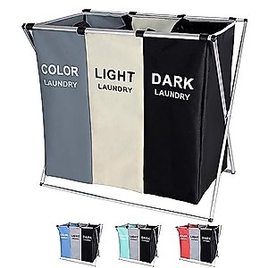 Foldable Laundry Basket, 135L Laundry Hamper Sorter 3 Sections Bag Bin with Aluminum Frame 24'' × 14'' x 23'' Dirty Clothes Closet Storage and organizer in Laundry Room Bedroom Home (White+Grey+Black)