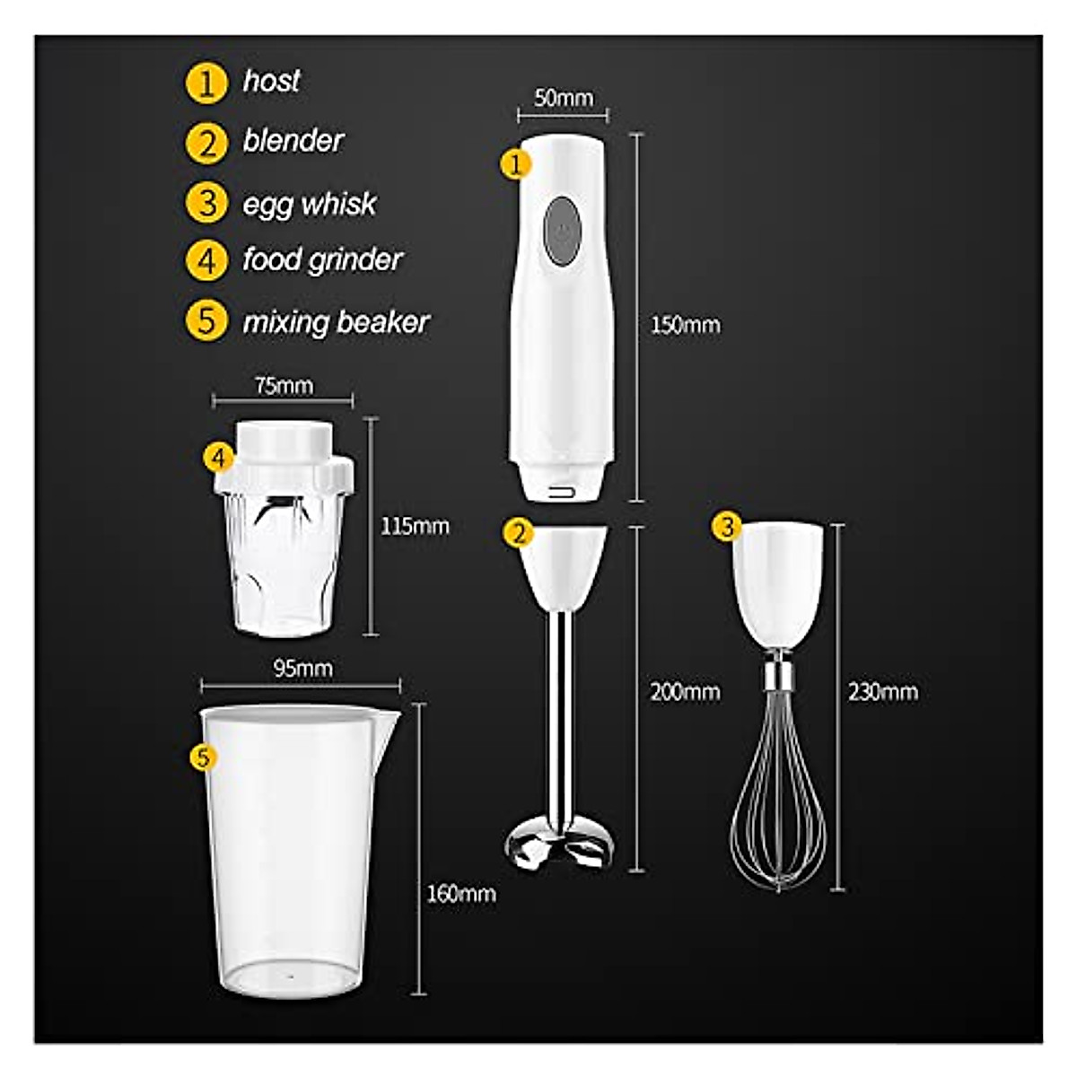 4-in-1 Electric Hand Blender Kit Stick Blender with Mixing Beaker Food Grinder Egg Beater Smoothies Chopper