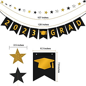 2023 Grad Graduation Banner (Assembled)with Black Gold Silver Star Garland Class of 2023 Gold Graduate Party Decorations,High School College Grad Decor, Graduation Party Favors Supplies