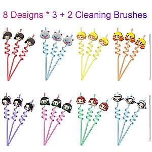 24 Demon Slayer Reusable Drinking Straws, Anime Themed Party Favors Birthday Decorations for Kids Girls Boys