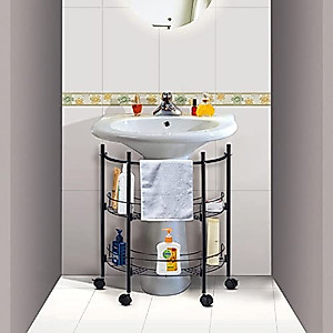 L&H Unico Pedestal Under the Sink Rack with 2 Storage Shelves Metal Bathroom Organizer with Wheels and Towel Holder, Black