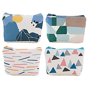 iSuperb Pack of 4 Canvas Coin Purse Change Cash Bag Zipper Small Purse Wallets (Geometric Pattern)