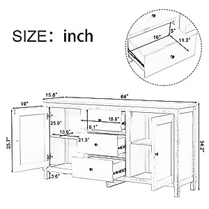 Retro Buffet Cabinet with 2 Storage Cabinets,3 Drawers and Adjustable Shelves,64" Solid Wood Storage Sideboard with Metal Knob Handles for Living Room Office Bedroom,Kitchen (Antique White-64")
