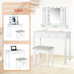 LINLUX Makeup Vanity Desk with Mirror and Lights, White Vanity Table Set with Charging Station, Open Shelves, 3 Color & Adjustable Brightness, Dressing Table with Cushioned Stool for Bedroom
