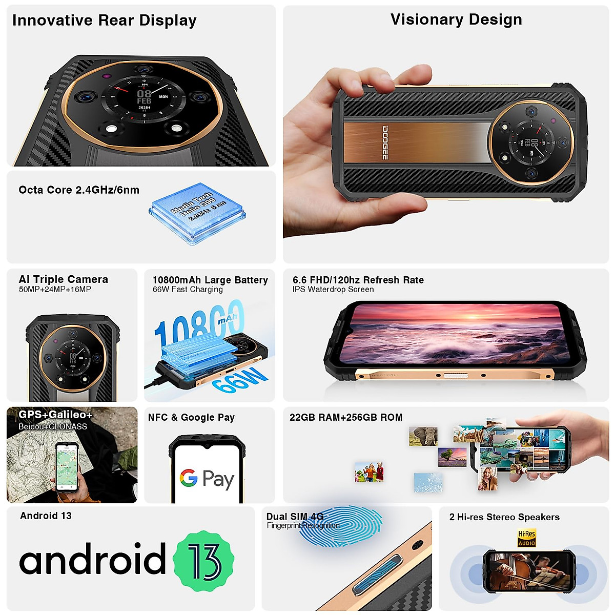 DOOGEE S110 Rugged Smartphone Unlocked,22GB+256GB Helio G99,Dual Screen,10800mAh/66W Rugged Phone,120Hz 6.6" FHD+,Android 13 Smartphone,50MP+24MP Night Vision,IP68/IP69K Waterproof Phone,NFC OTG