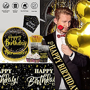 black and gold birthday party decorations - (Total 169pcs) happy birthday Supplies for women and men, Balloons,tablecloth,Foil Backdrops,Plates,Cups,Photo Props,Sash,Tableware for 24 Guests