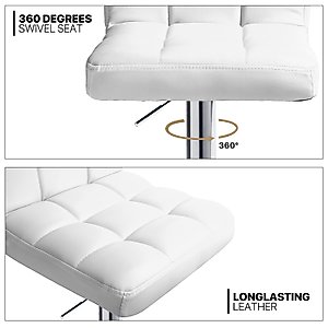 MoNiBloom Barstools Set of 2, Square PU Leather Adjustable Bar Stools with Back, Counter Height Swivel Stool, Barstools for Kitchen Counter, White
