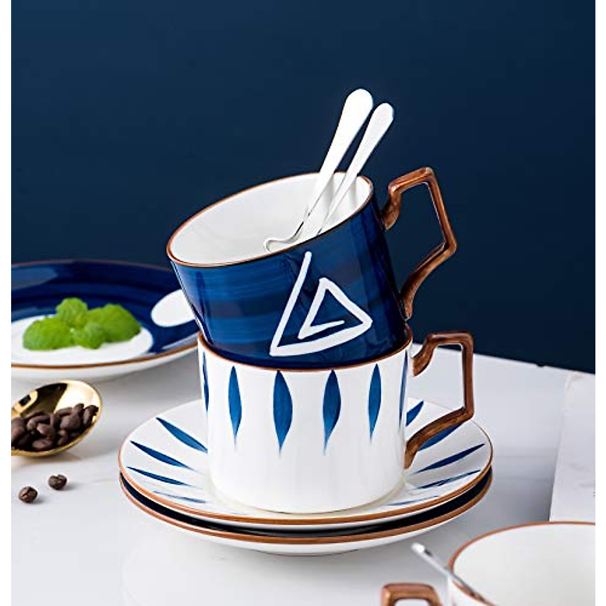 Jusalpha Japanese style hand printed- 7oz Fine China Tea Cup/Coffee Cup With Spoon and Tray/Saucer Set, Tableware, Serve of 4, TCS25