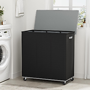 Chrislley 180L Laundry Hamper 3 Section,Rolling Large Laundry Basket with Wheels,Dirty Clothes Hamper with Lid and Removable Liner Bags,Collapsible Laundry Organizer for Bedroom, Dorm,Black