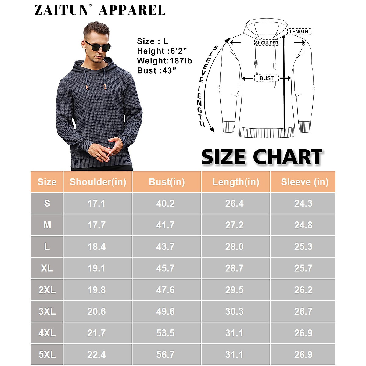 Zaitun Mens Hooded Sweatshirt Long Sleeve Solid Knitted Hoodie Pullover Sweater Khaki