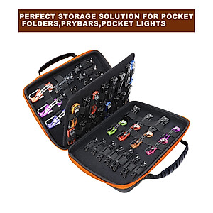 Pocket Knife Display Case, Folding Knife Holder, Mini Knives Carrying Case,Small Knife Collection Pouch Carrier Roll for Hiking,Hunting and Camping Outdoor Activities, Black & Orange, 62 Slots