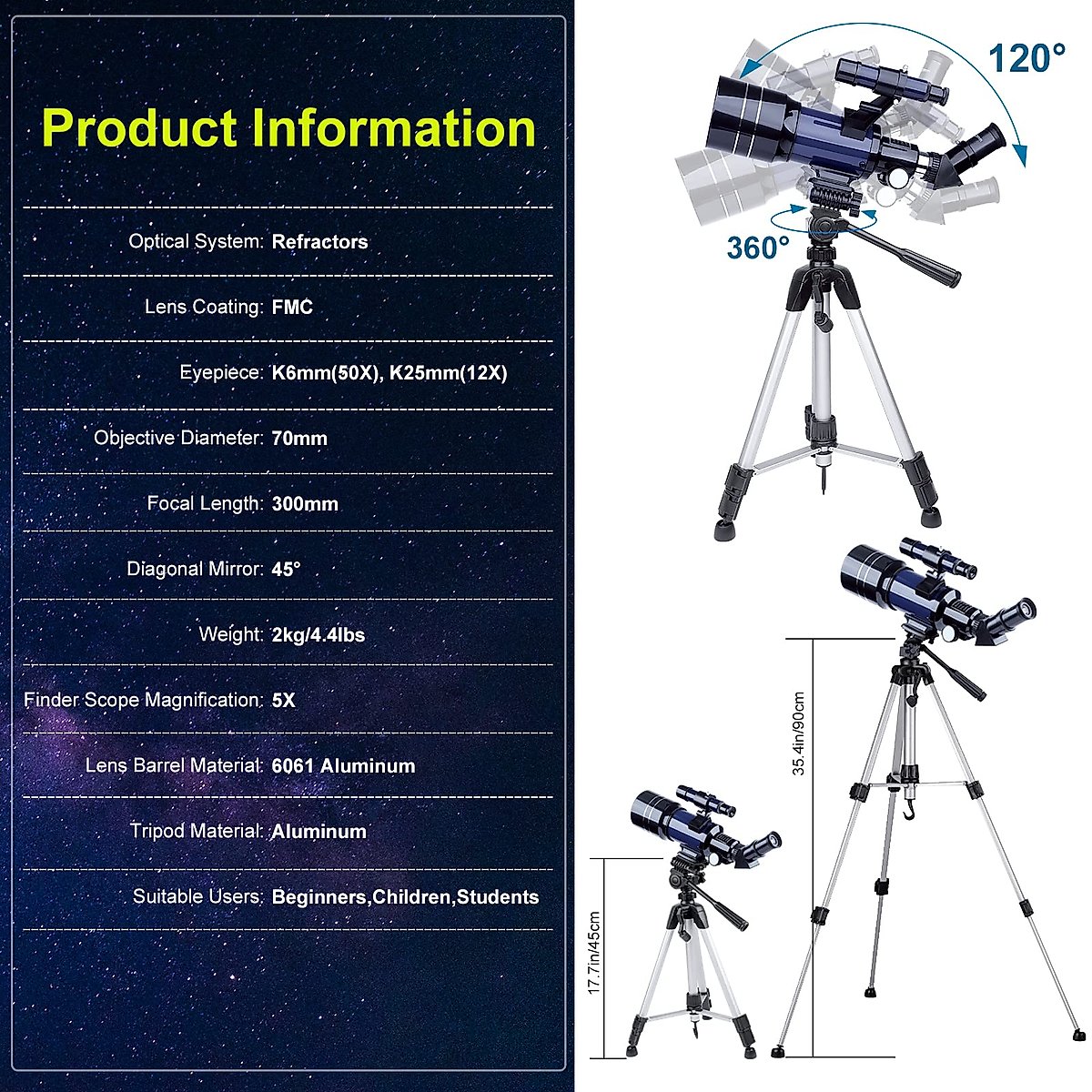 Telescope for Beginners, 300/70mm Astronomy Monocular Telescopes with Phone Adapter, Camera Wire Shutter, Moon Filter and Backpack, Adjustable Tripod