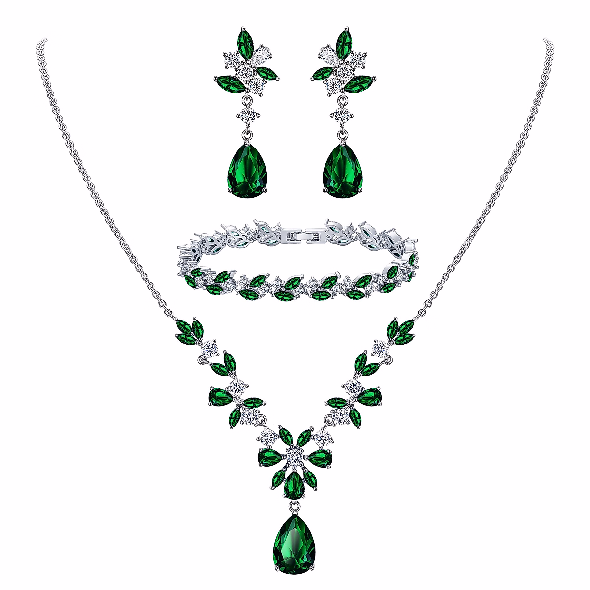 EleQueen Women's Wedding Bridal Jewelry Set for Brides Bridesmaids, Sparkle Cubic Zirconia Teardrop Necklace Dangle Earrings Bracelet Sets for Party Prom Emerald Color