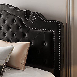 Allewie Full Size Bed Frame with Velvet Tiara Headboard, Upholstered Diamond Button Tufted Platform Bed, Sturdy Wood Slats Support, No Box Spring Needed, Black
