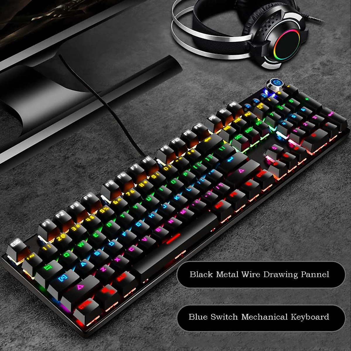 YXKJGS Blue Switch Mechanical Gaming Keyboard USB Wired 104-Key Standard Multimedia Ergonomic Keyboard (104Key, Black)