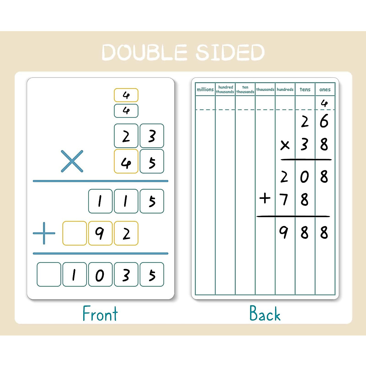 Set of Dry Erase Multiplication and Division Practice White Board, 8" x 12" 2-Digits Mathematics Board with a 4" x 2.5" Multiplication Chart Board for Kids Students, Classroom and Home.